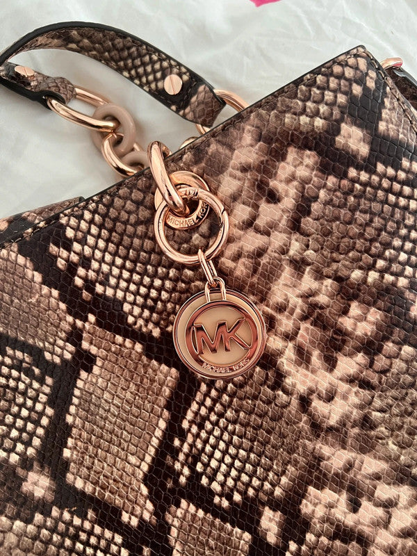 MICHAEL KORS Cynthia Medium Brown Python Embossed Leather Shoulder Bag ...