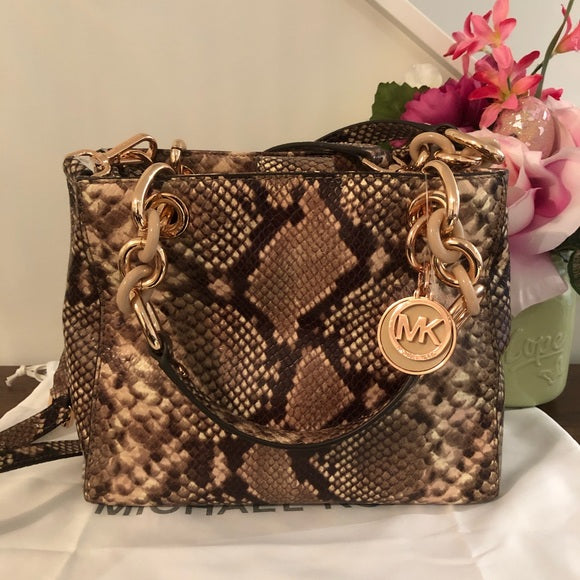 MICHAEL KORS Cynthia Medium Brown Python Embossed Leather Shoulder Bag ...
