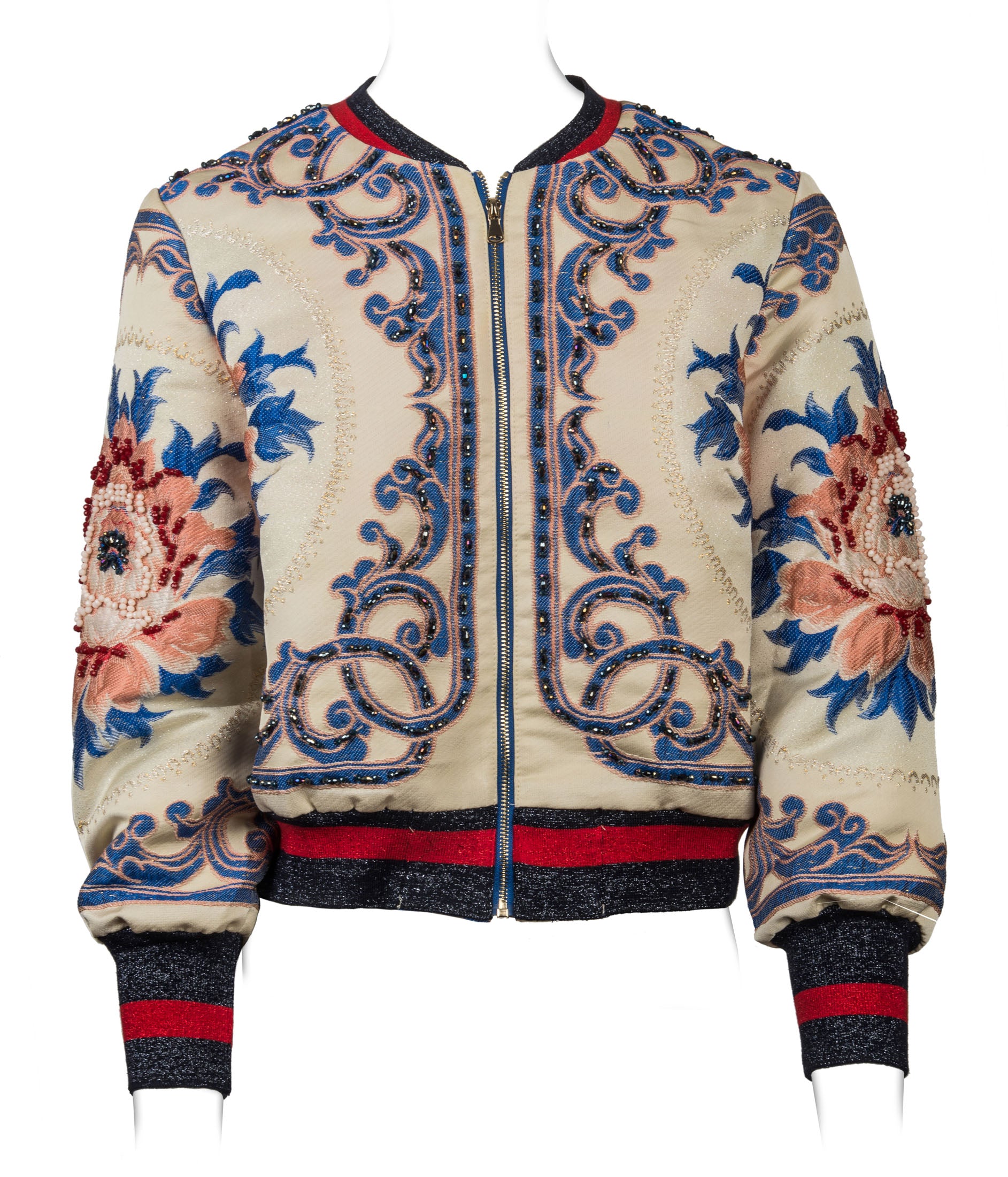 Paris Jacket Multi Color Long sleeve beaded Zip up Floral Flowers New ...